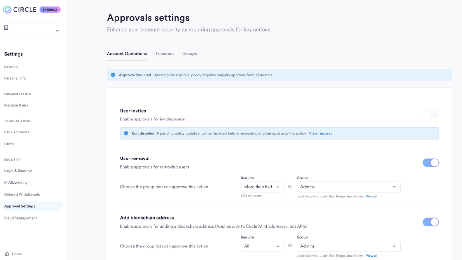 Circle Mint approval settings